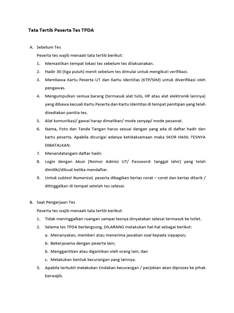 Tata Tertib Tes TPDA dan TOEP | PDF