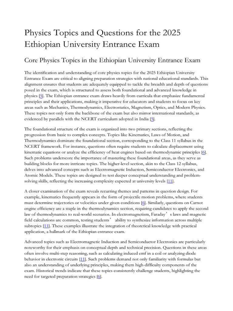 Physics Topics and Questions For The 2025 Ethiopian University Entrance ...