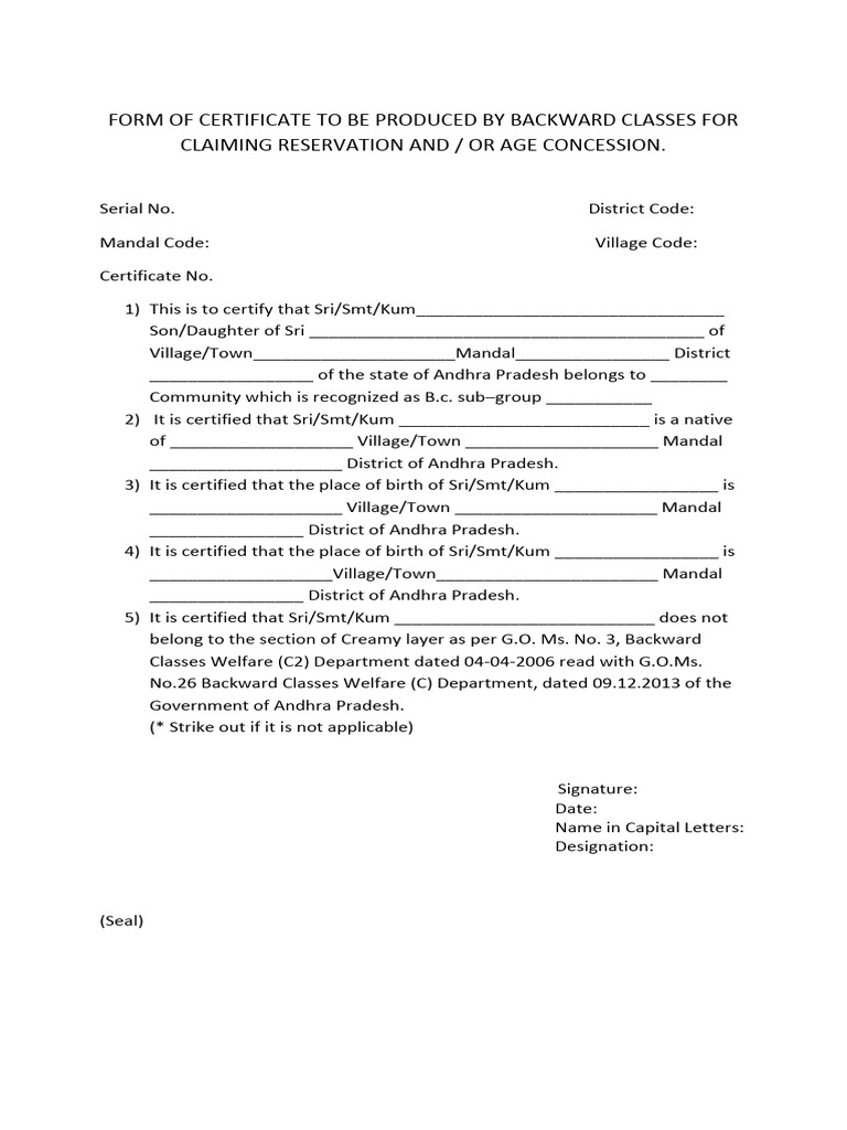 Non-Creamy Layer Certificate Form AP | PDF