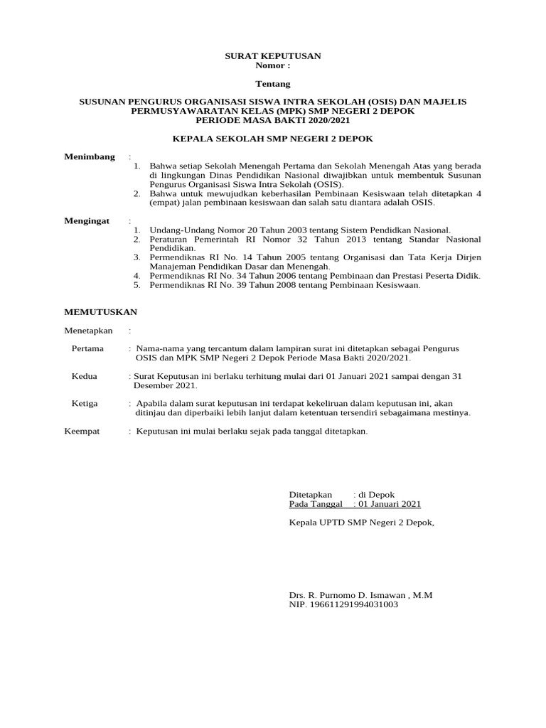 OSIS SK Pengurus OSIS & MPK | PDF