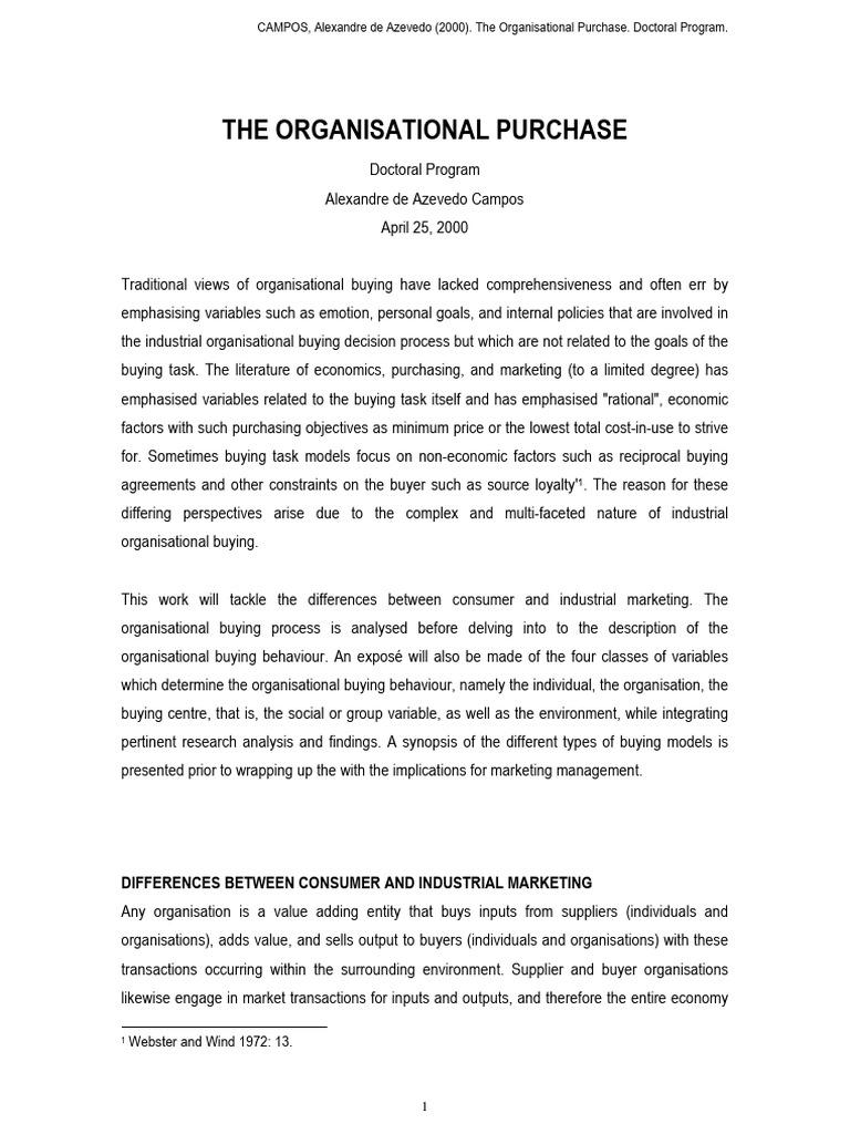 The Organizational Purchase | PDF | Marketing | Market (Economics)