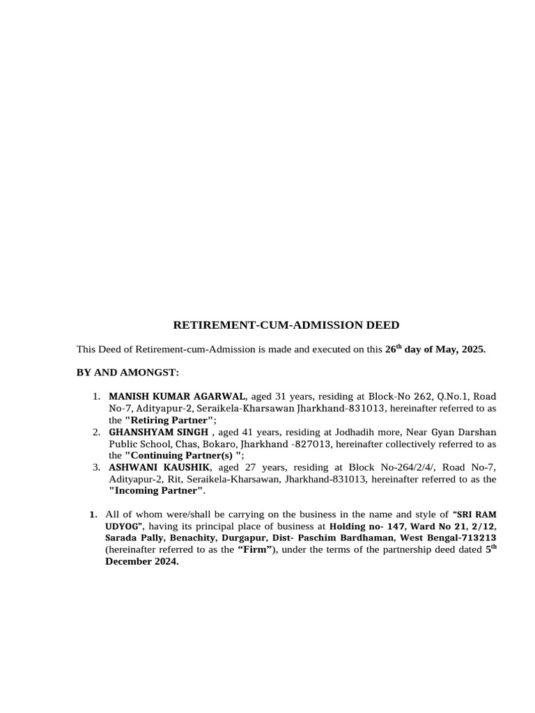 Retirement and Admission Deed | PDF | Financial Services | Financial ...