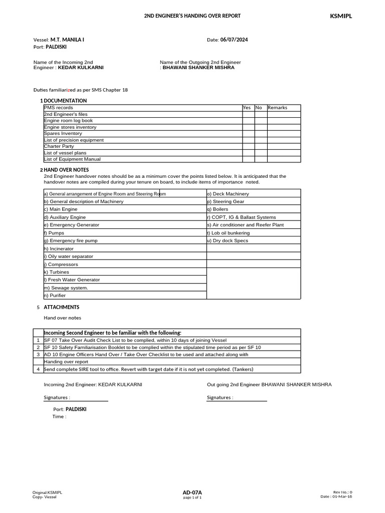 AD-07A 2nd Engineer Handing Over Report | PDF | Watercraft | Water ...