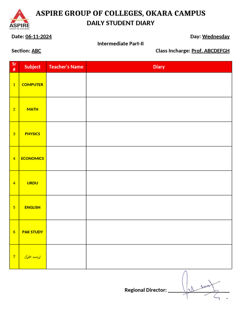 Daily Student Diary - Okara Campus | PDF