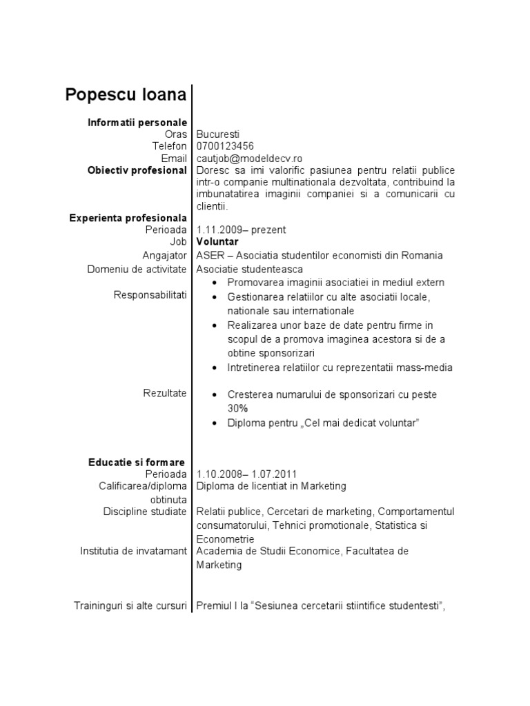 Model de CV Proaspat Absolvent | PDF