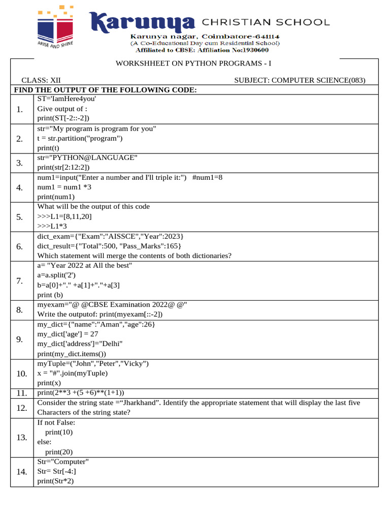 Work Sheet On Python Programs-1 PDF | PDF | Computer Programming ...