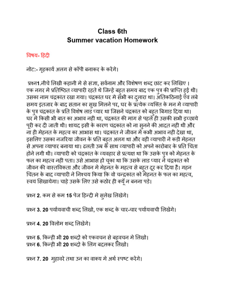 Class 6th Summer Vacation Home Work | PDF