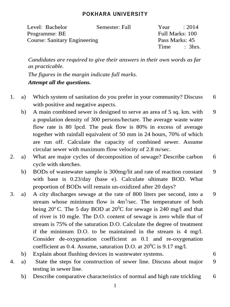 Sanitary Engineering Exam Guide 2014 | PDF | Sewage Treatment | Sewage