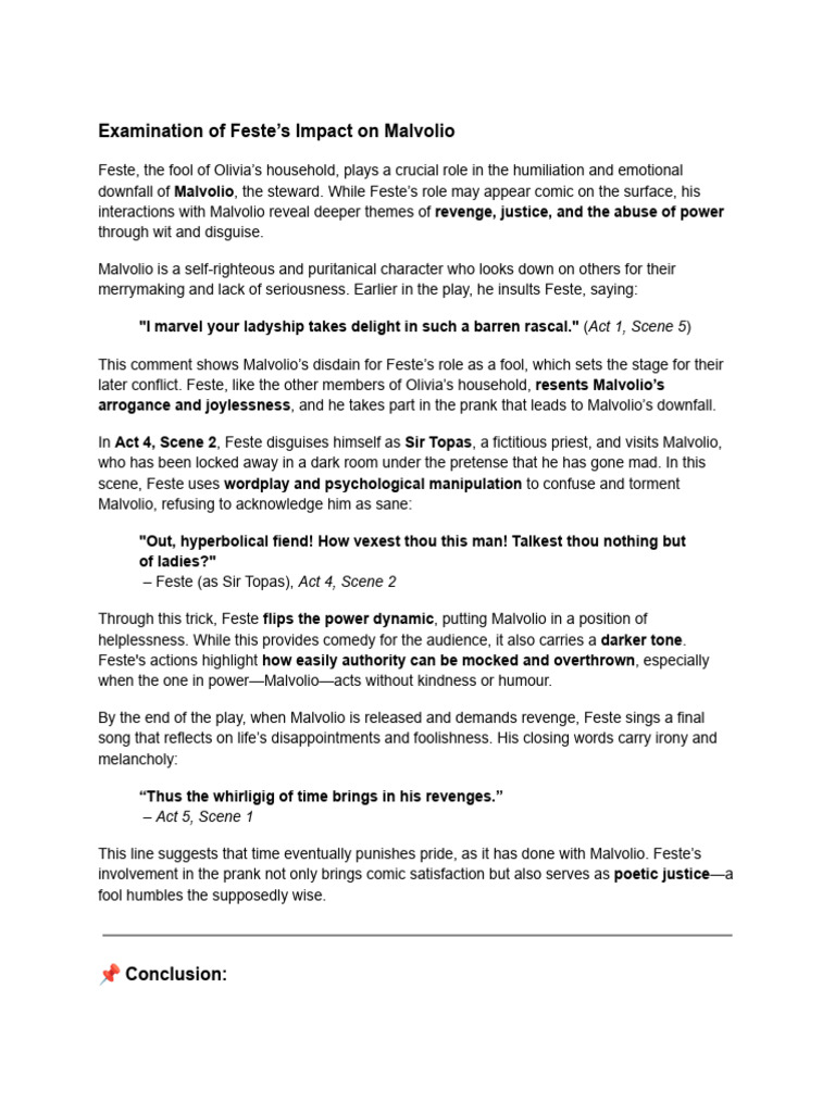 Examination of Feste’s Impact on Malvolio | PDF | Twelfth Night | Jester