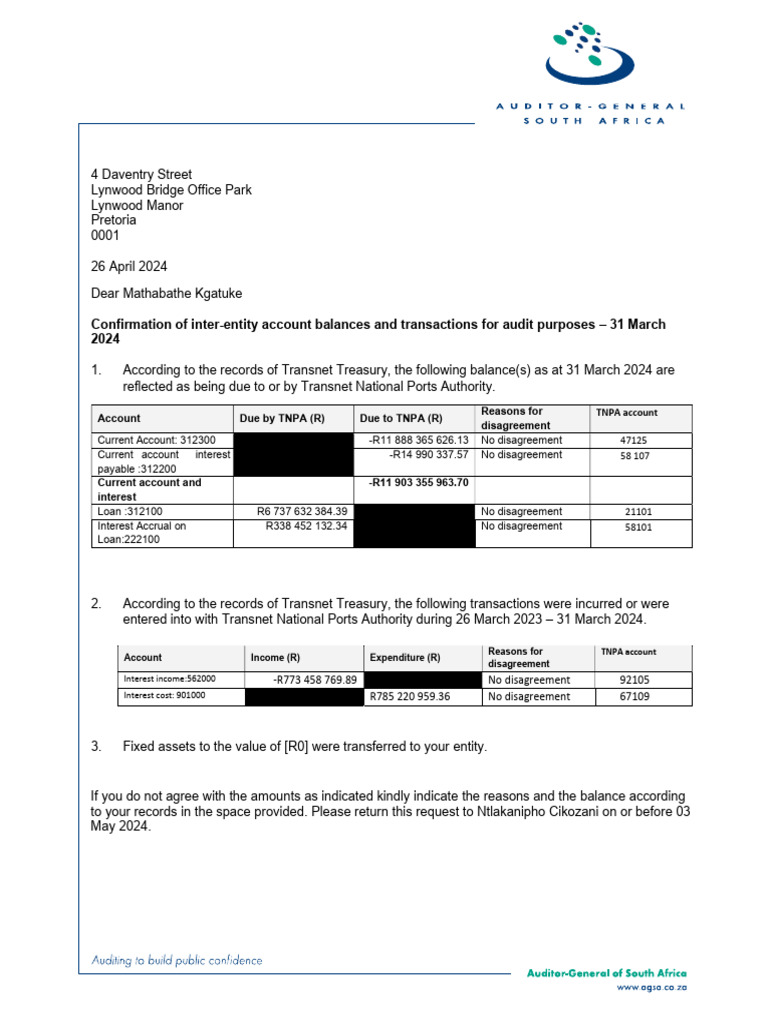Confirmation of Balances - Transnet Treasury 31 March 2024 | PDF ...