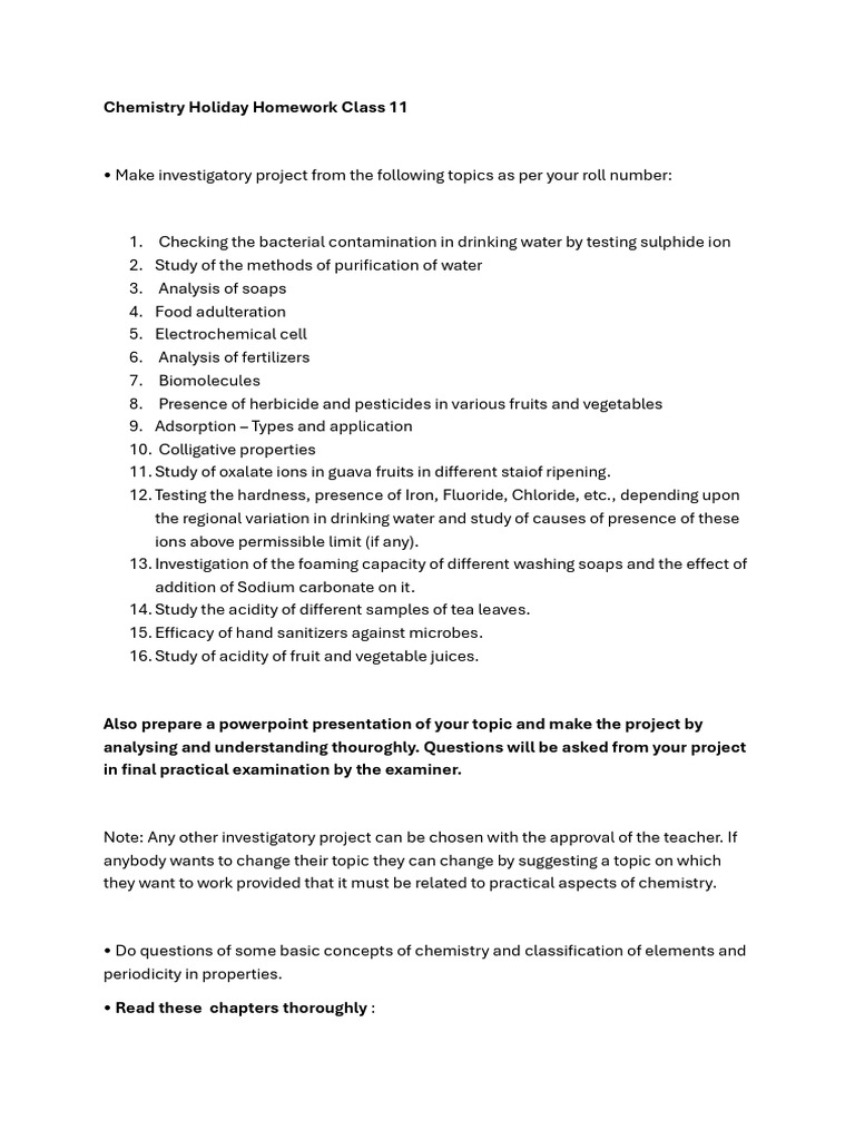 Chemistry Holiday Homework XI | PDF