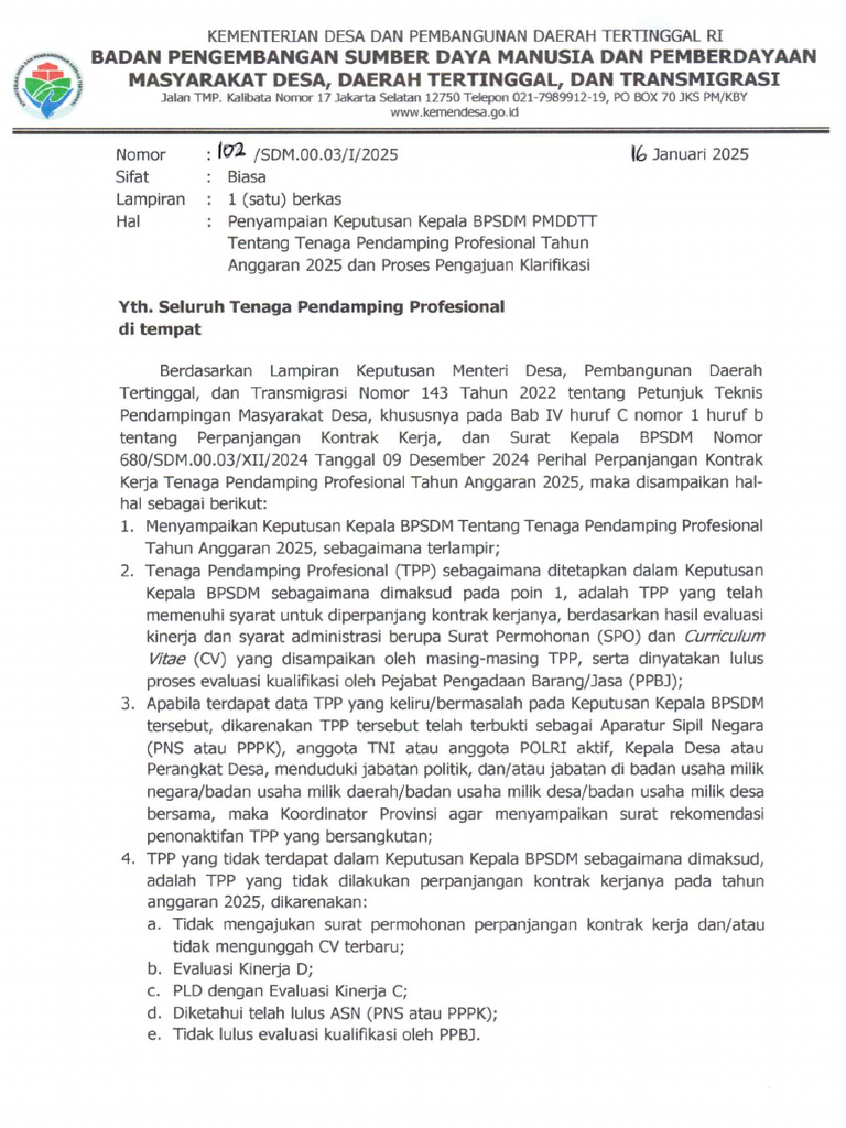 36. Surat Kapus PPMD Perihal Penyampaian SK TPP Tahun 2025 Dan Proses Klarifikasi - Papeg | PDF