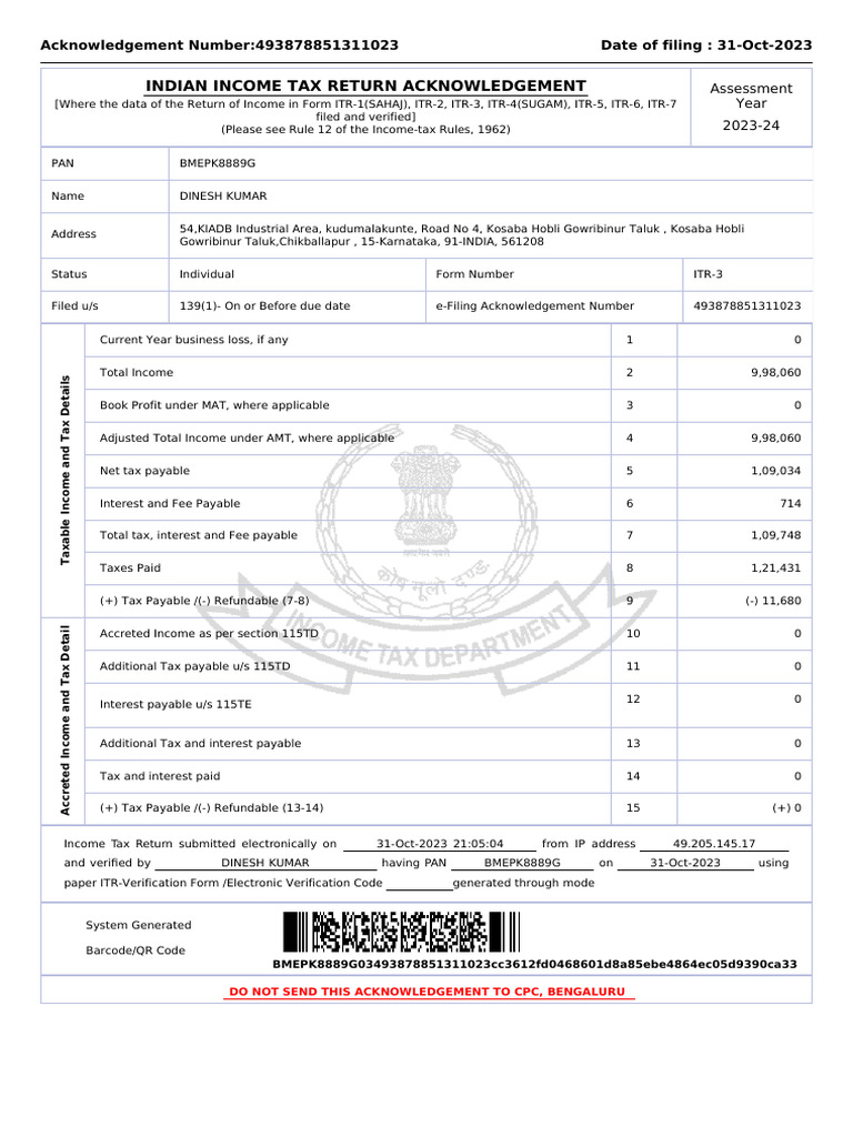 ITR Acknowledgement AY 23-24 | PDF | Taxes | Income