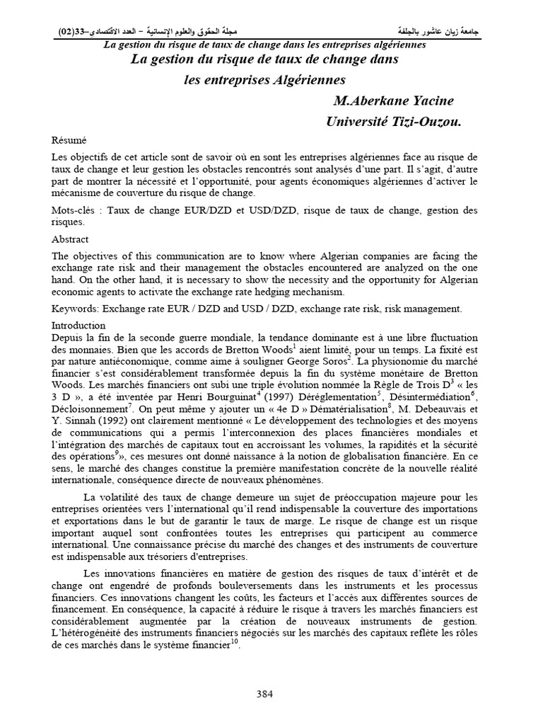 La Gestion Du Risque de Taux de Change Dans Les Entreprises Algériennes ...