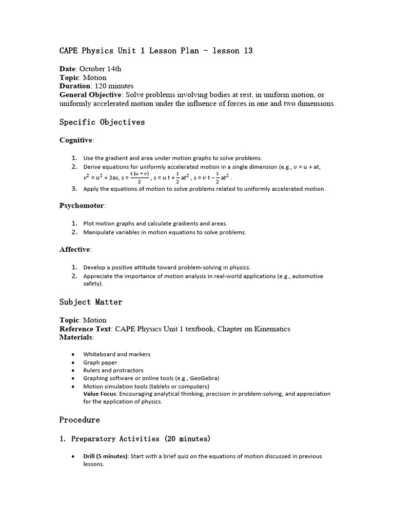 CAPE Physics Unit 1 Lesson Plan - Lesson 13 | PDF | Acceleration | Equations
