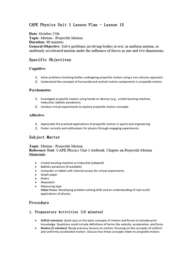 CAPE Physics Unit 1 Lesson Plan - Lesson 15 | PDF | Projectiles | Physics