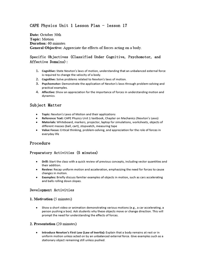 CAPE Physics Unit 1 Lesson Plan - Lesson 17 | PDF | Force | Newton's Laws Of Motion