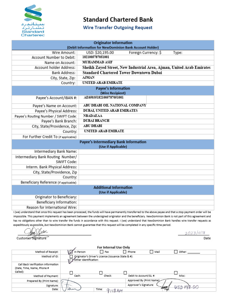 Standard Chartered Wire Transfer Receipt | PDF | Wire Transfer | Payments