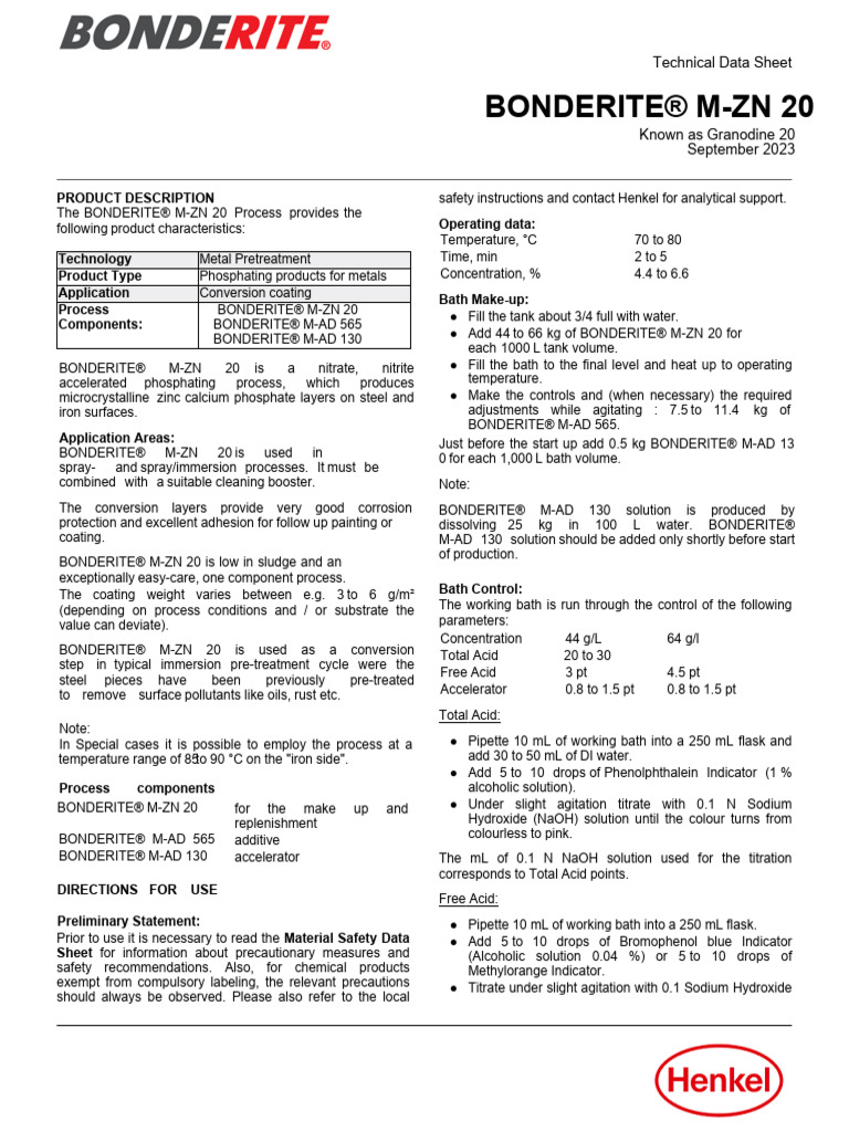 Bonderite M-ZN 20 Technical Data Sheet | PDF | Titration | Chemistry