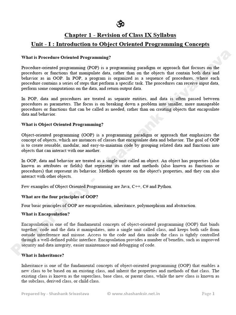 Chapter 1 - Unit I - Introduction To OOP Concepts | PDF | Object Oriented Programming ...