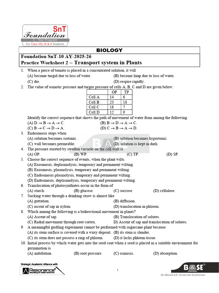 10th Biology Practice Worksheet Q 2 (Transport System in Plants and ...