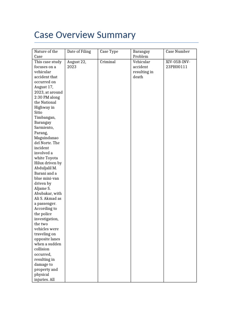 Vehicular Accident Case Summary | PDF