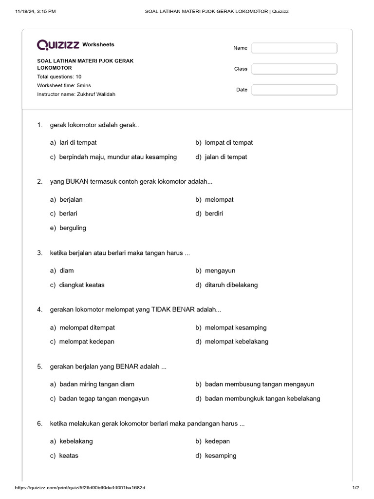 Soal Latihan Gerak Lokomotor Kelas 1 | PDF