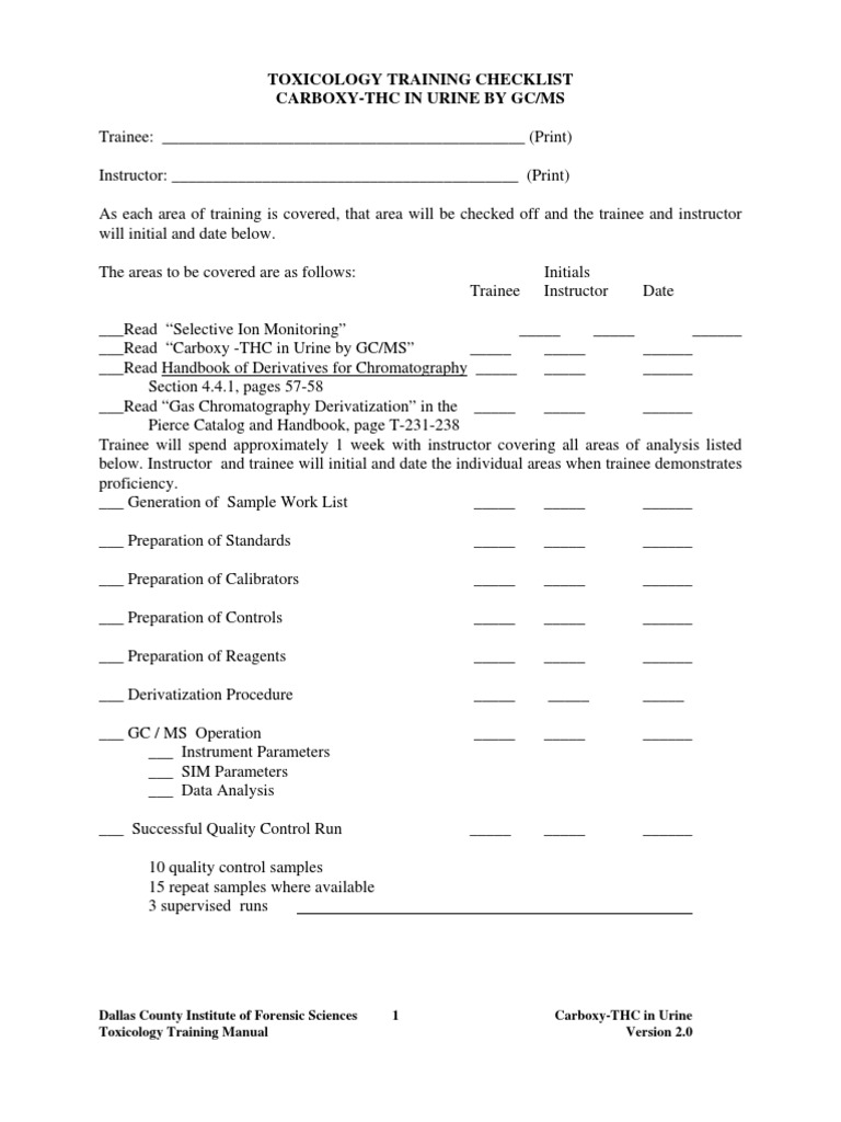 THC Urine Checklist, Version 2.0 | PDF