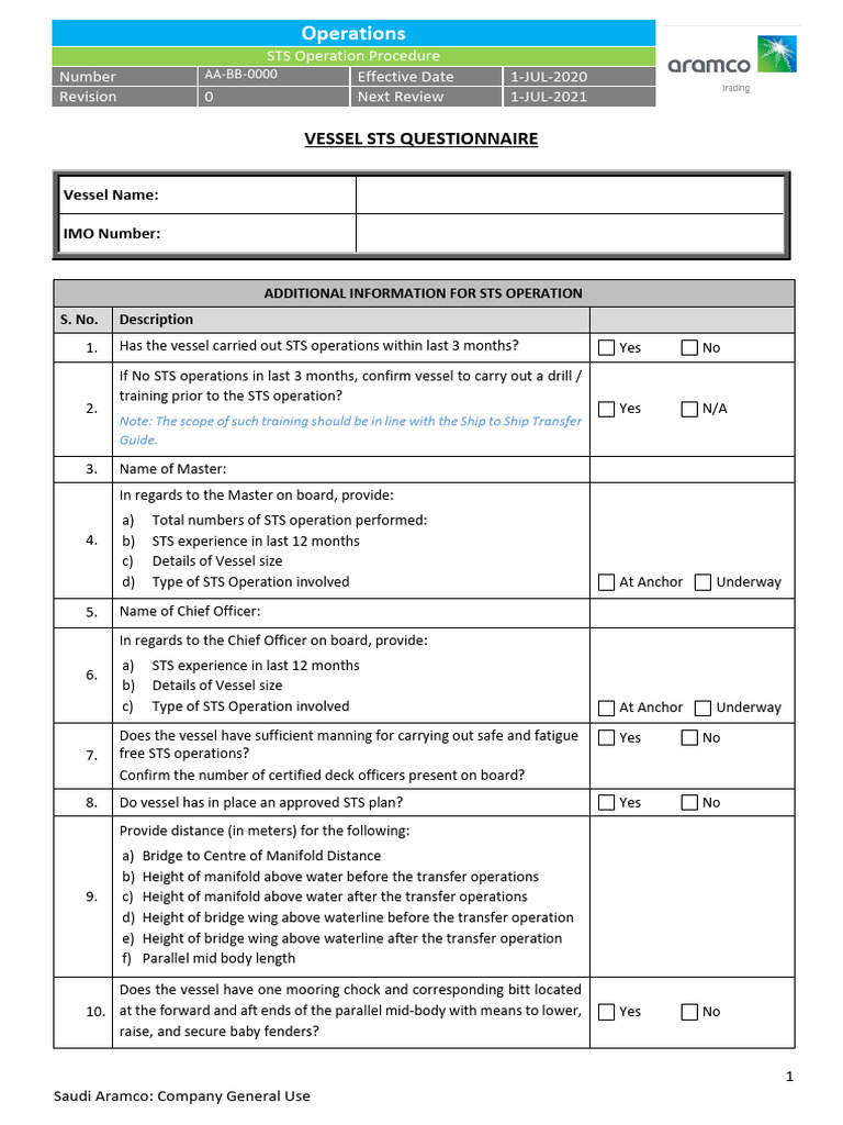 STS Operations Questionnaire for Vessels | PDF | Ships | Watercraft