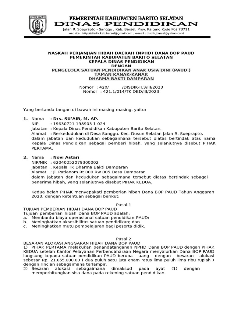 Format NPHD Bop Paud Baru | PDF