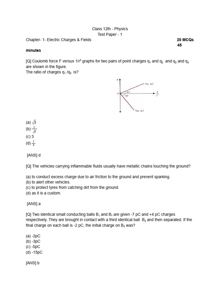 Physics - 12th - Chapter - 1 Test - 1 | PDF | Electric Field | Physics
