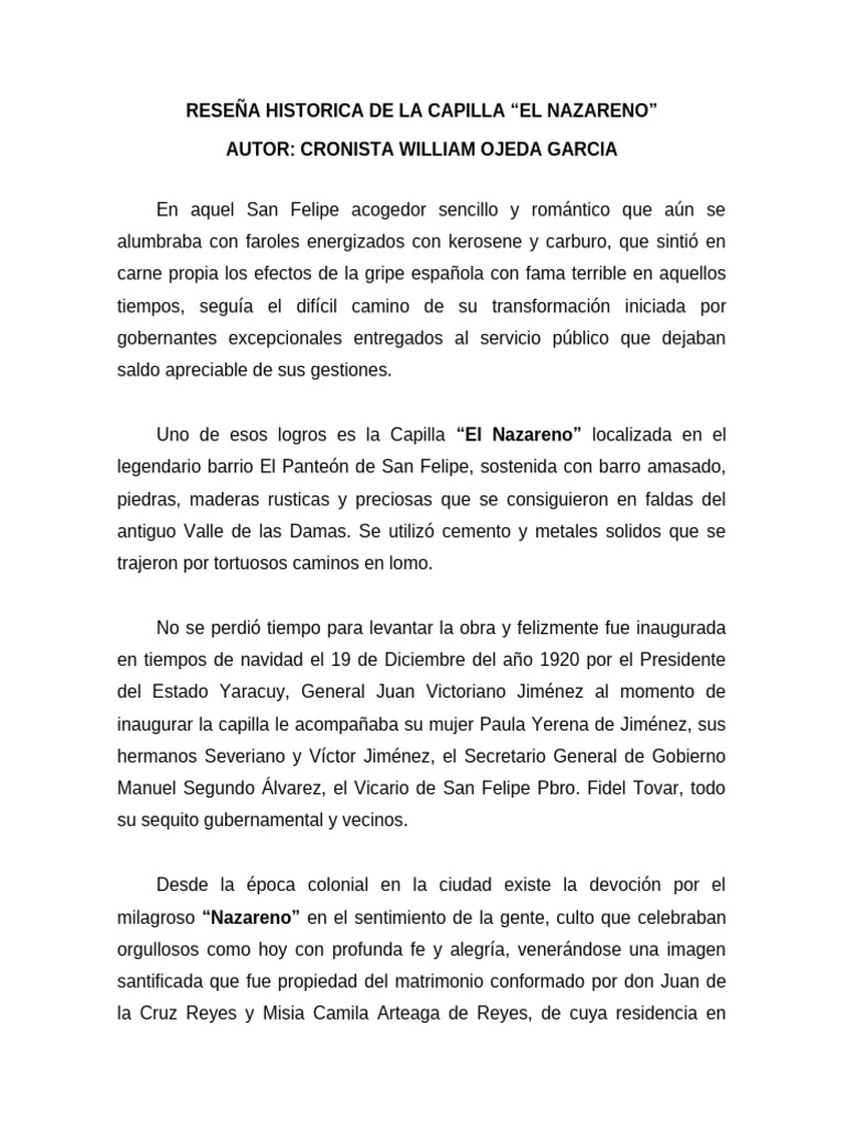 Reseña Historica de La Capilla El Nazareno | PDF | Jesús