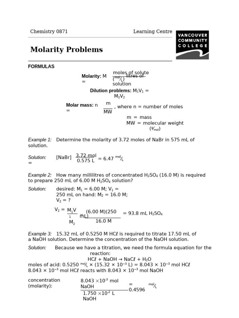 Chem0871 MolarityProblems | PDF | Mole (Unit) | Molar Concentration