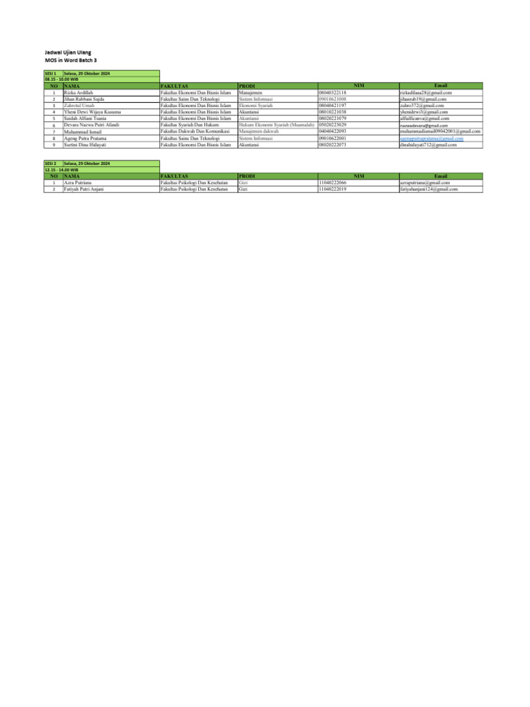 Jadwal Ujian Ulang MOS Word Batch 3 | PDF