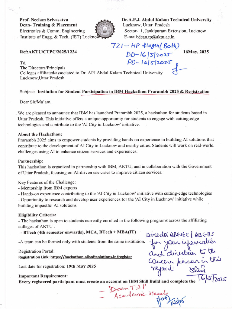 Invitation For Student Participation in IBM Hackathon Prarambh 2025 & Registration | PDF