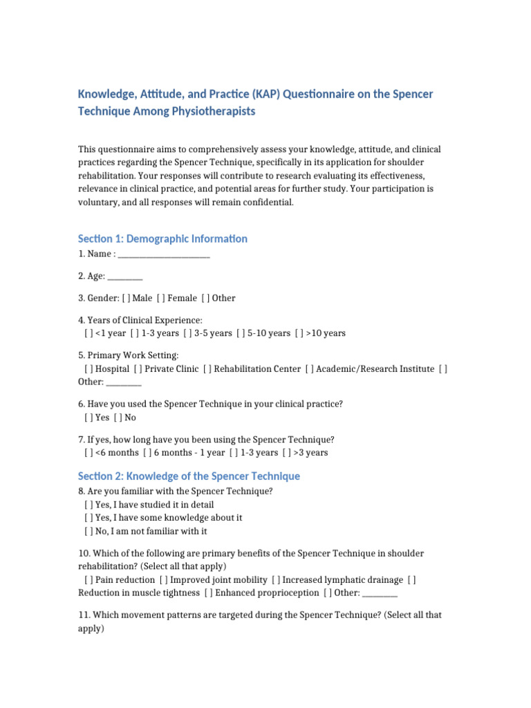 KAP Spencer Technique Questionnaire Final | PDF | Physical Therapy | Musculoskeletal System