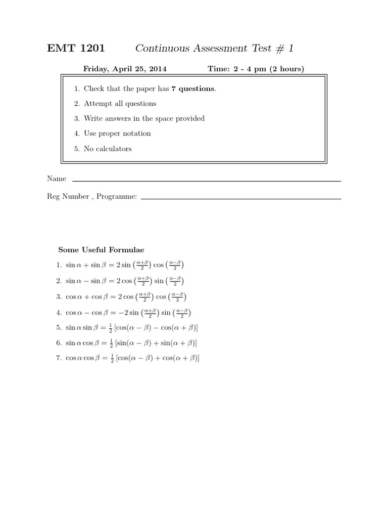 EMT 1201 Practice Test Overview | PDF | Mathematics | Mathematical Objects