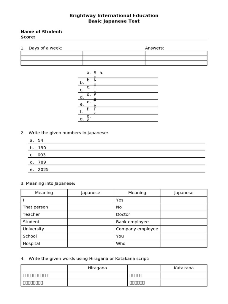 Basic Japanese Test Final | PDF