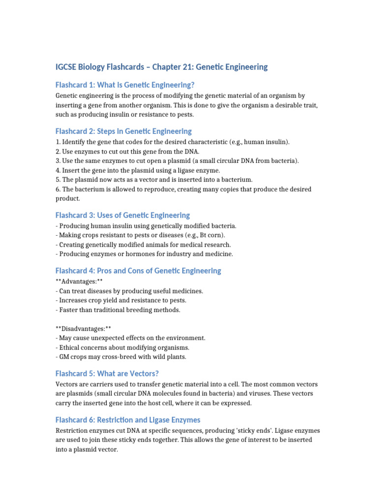 IGCSE Biology Genetic Engineering Expanded | PDF | Genetic Engineering | Plasmid
