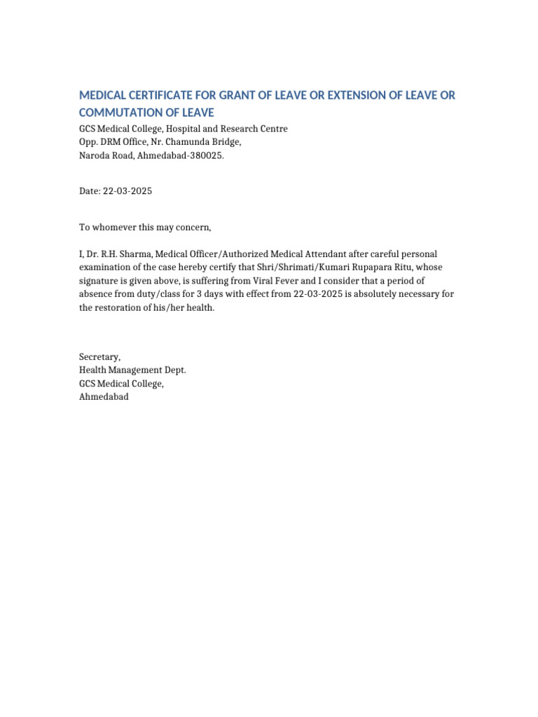 Medical Leave Certificate Ritu | PDF