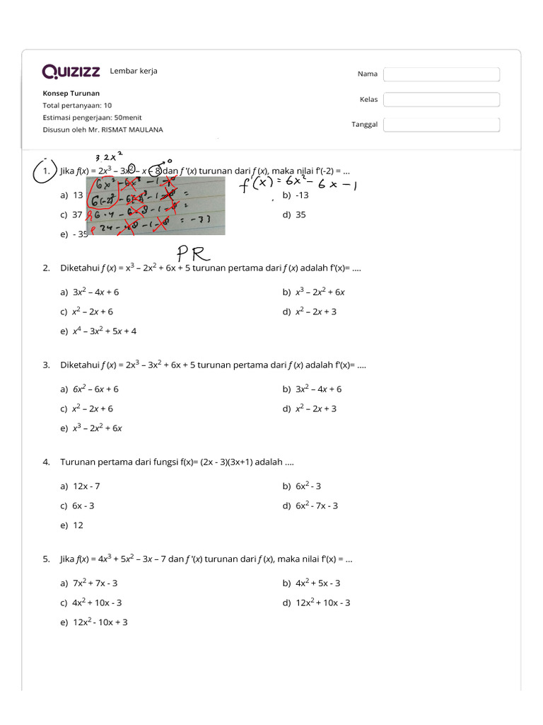 Konsep Turunan - Quizizz | PDF