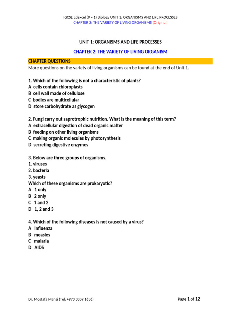 Ch2 The Variety of Living Organisms - Review - Questions | PDF ...