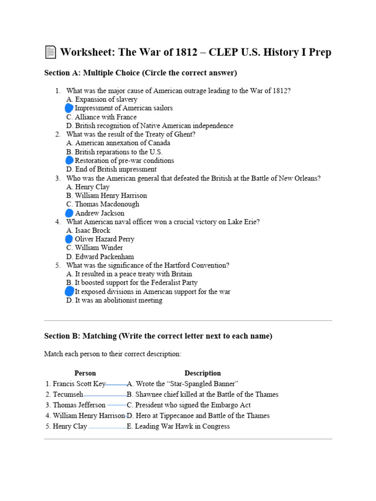The War of 1812 Worksheet Revision ...