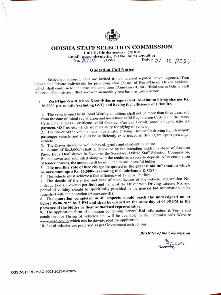 Quotation Call Notice For Hiring 2 Vehicles | PDF