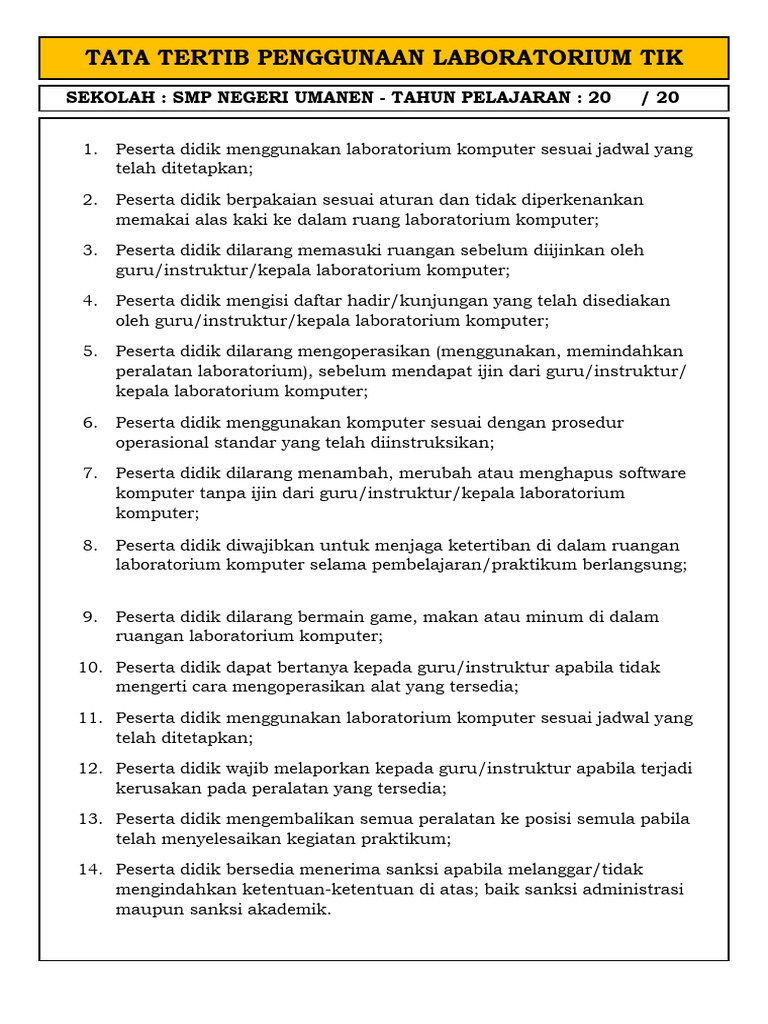 Contoh Tatib Penggunaan Lab | PDF