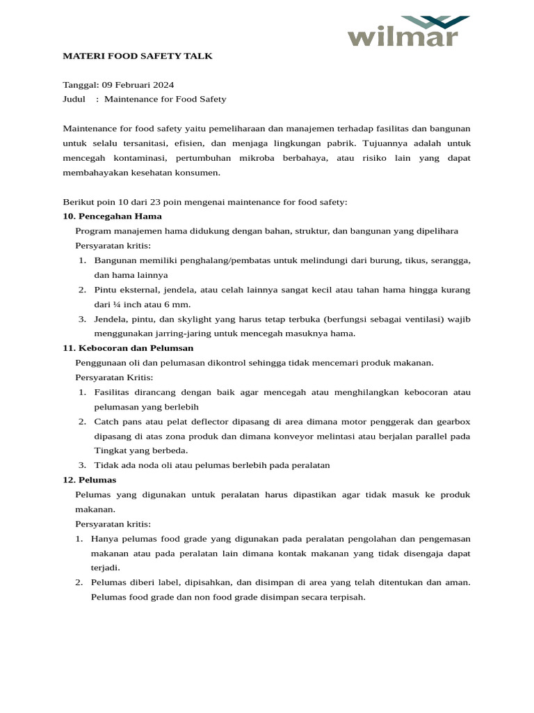 Materi Food Safety Talk (09 Februari 2024) | PDF