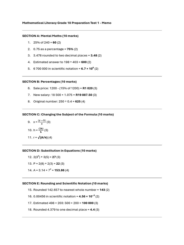 Mathematical Literacy Grade 10 Preparation Test - Memo | PDF