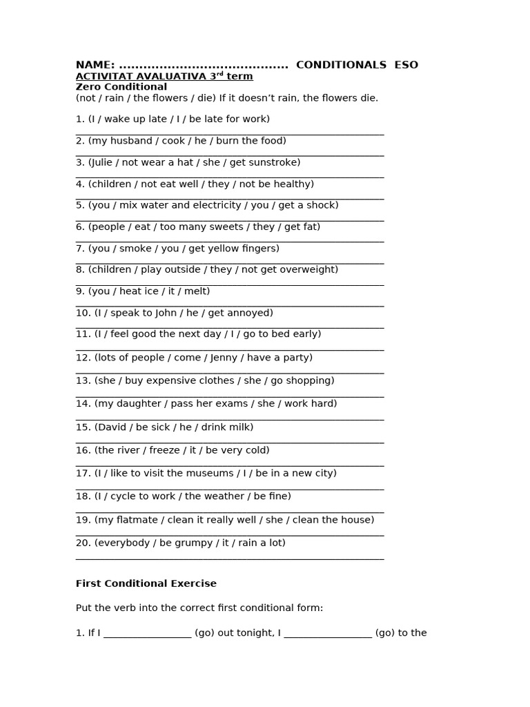 Exercici ZERO AND FIRST CONDITIONAL ACTIVITIES | PDF