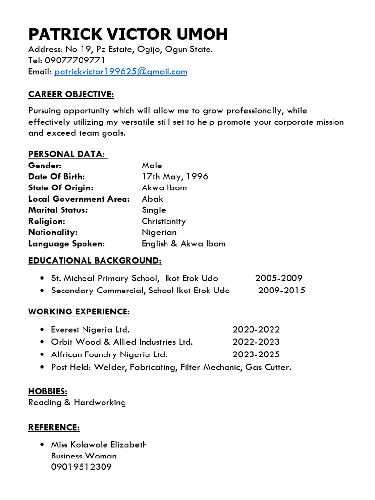 Patrick Victor Umoh's CV Summary | PDF