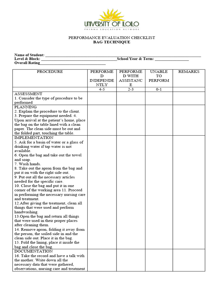 Bag Technique Checklist1 | PDF | Hand Washing | Medical Specialties